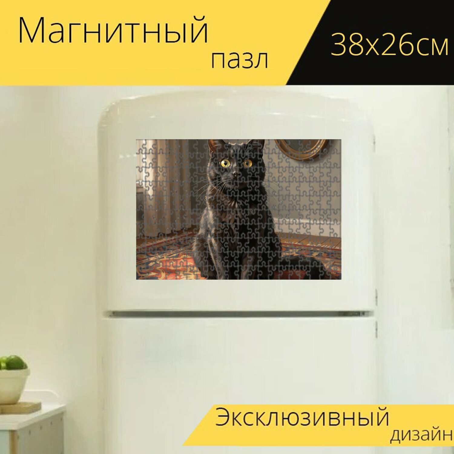 Магнитный пазл "Черный кот в интерьере. Художественная сцена с выразительным темным котом с яркими янтарными глазами в уютной комнате. Теплые." для интерьера, 38х26 см.