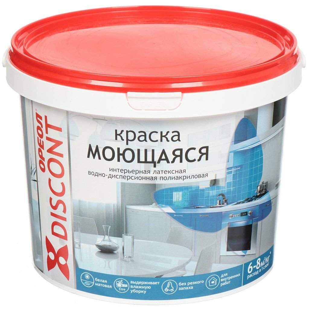 Краска водно-дисперсионная Ореол Дисконт полиакриловая белая матовая 13 кг для внутренних работ моющаяся влагостойкая