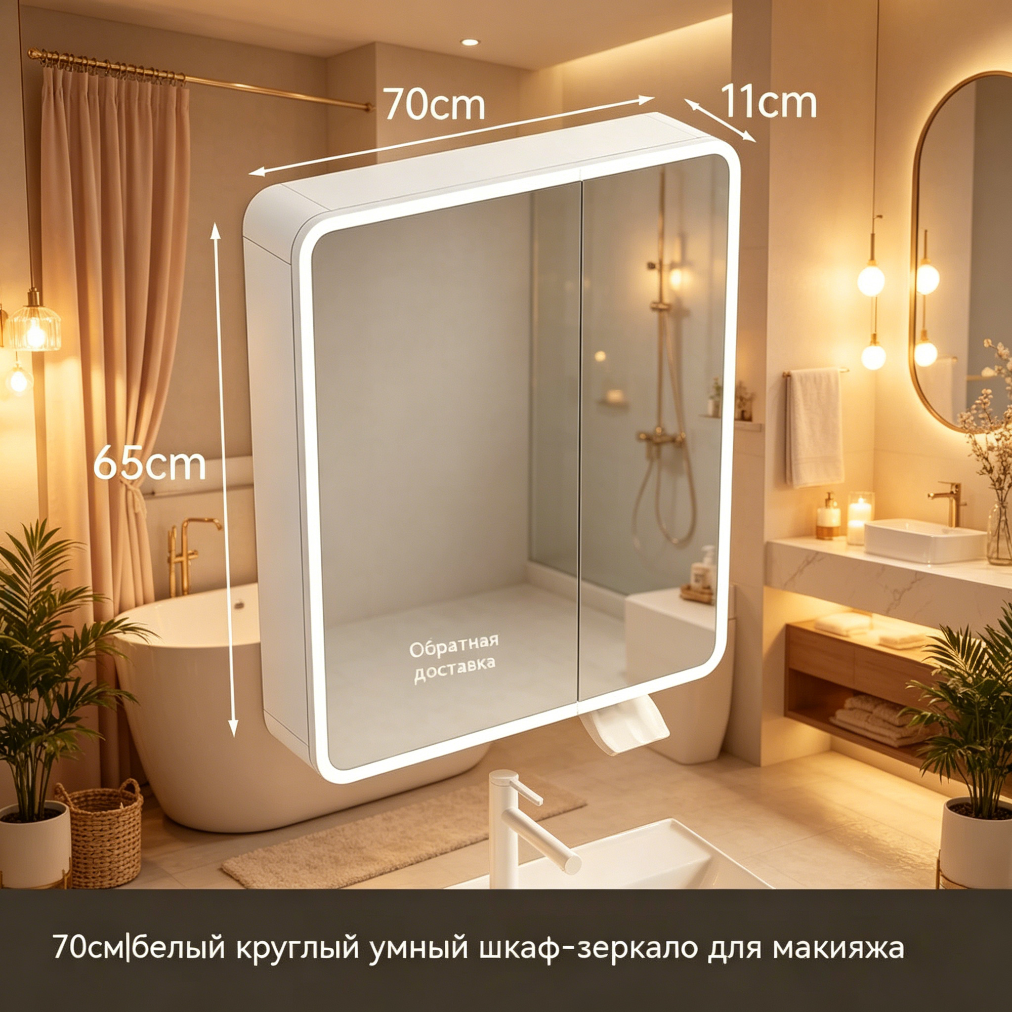 Шкаф для ванной, Умный шкаф-зеркало для ванной комнаты, настенный, с местом для хранения 70х11х65 см