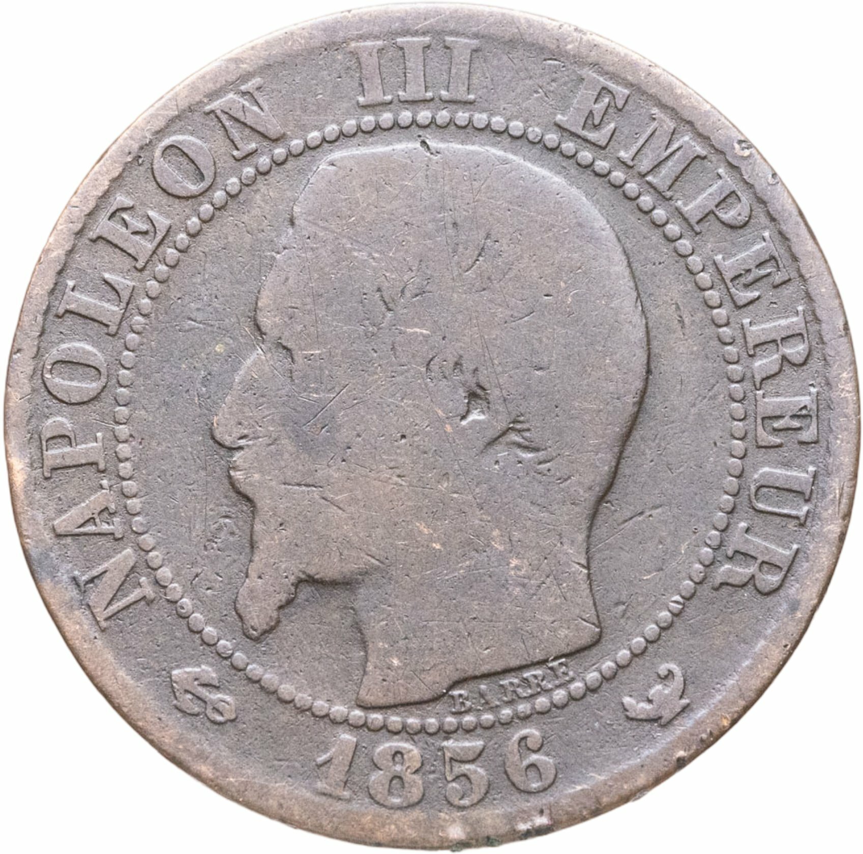 Франция 5 сантимов centimes 1856 W знак монетного двора: "W" - Лилль, Бронза, в сохранности F