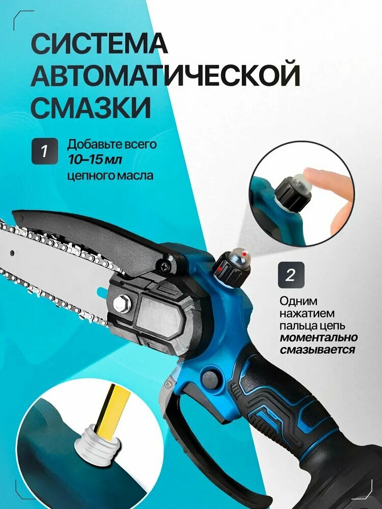 Пила цепная, 6 и 8 дюймов, два аккумулятора, 48В, кейс, масло, цепь, защитная шина