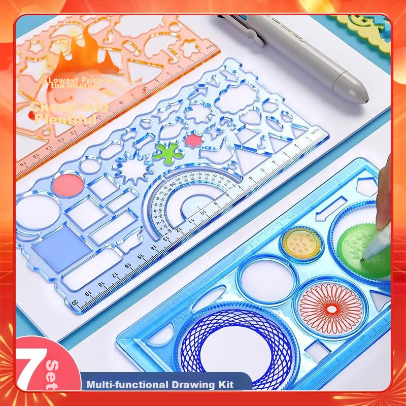 Liupintang Ruler Set for Primary School Students, Multifunctional Compass Ruler, Handwritten Report Template, Versatile Learning Kit, First Grade And Second Grade Geometry Math Drawing Straight Ruler, Soft Drawing Tool, Hollow Pencil, Stationery