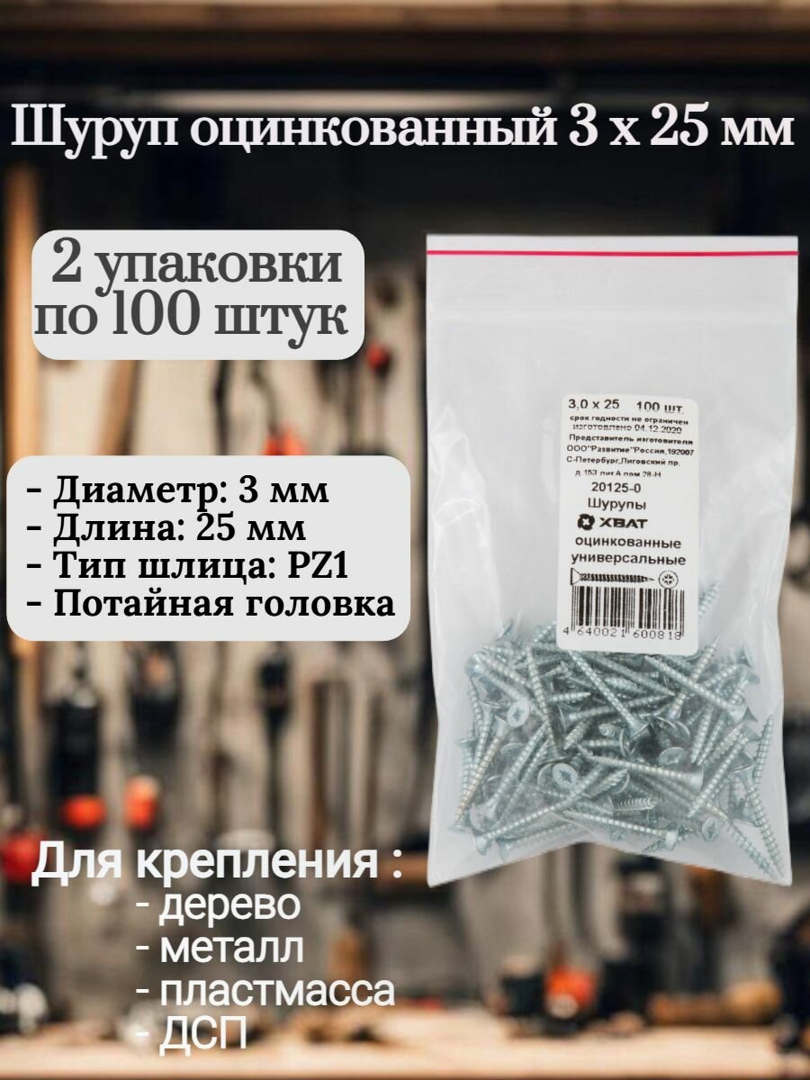 Хват Шурупы оцинкованные, универсальные 3,0 х 25 мм - 2 упаковки по 100 штук