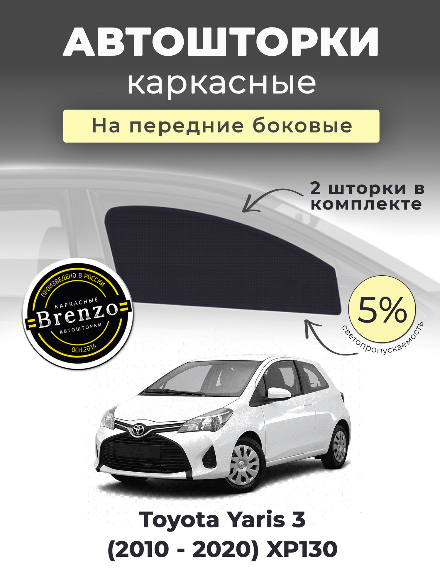 Каркасные шторки Toyota Yaris 3 Хетч. 5дв. (2010-2017) XP130 на передние двери 5%, сетки от солнца в машину