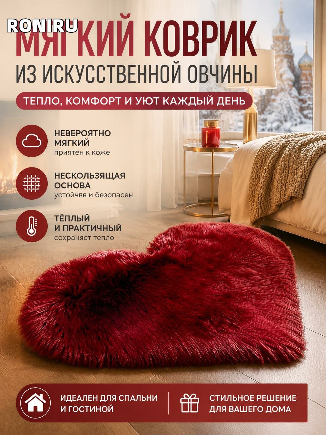 Мягкий коврик из искусственной овчины, нескользящий напольный коврик для спальни и гостиной, тёплый и практичный