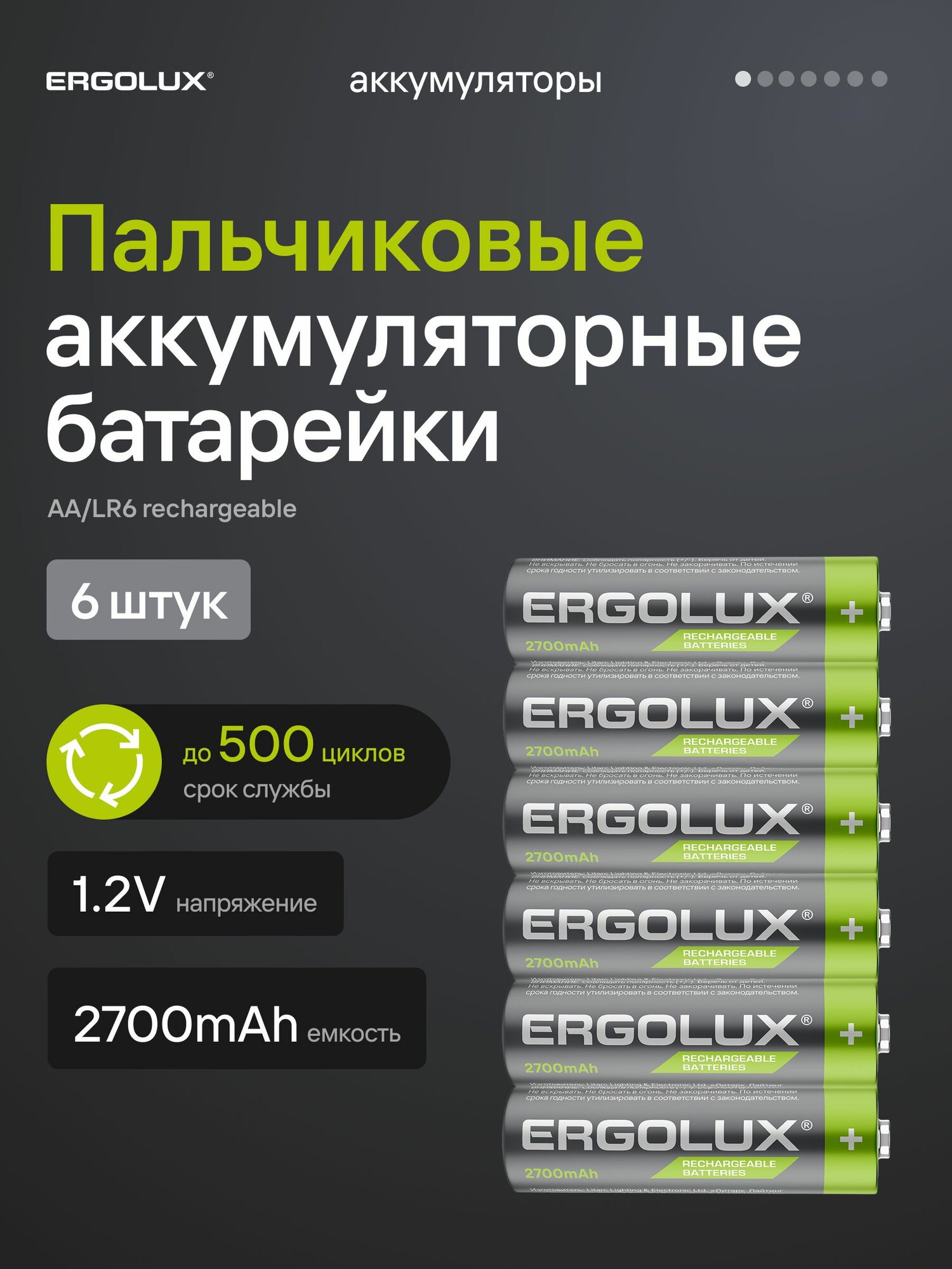 Аккумуляторные батарейки АА Ergolux, 6 шт