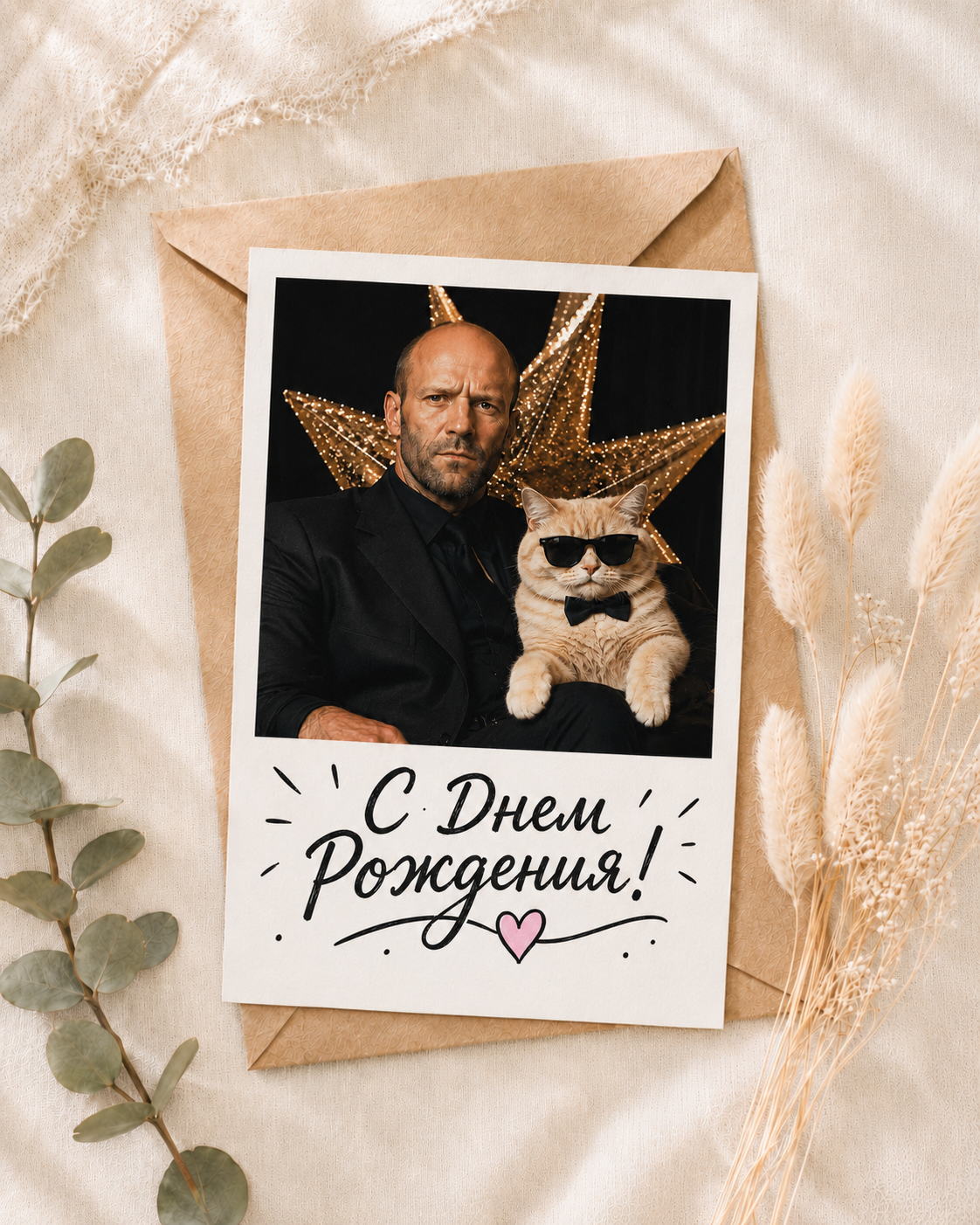 Открытка «С Днём Рождения!» с брутальным мужчиной и котом, 10×15 см, с крафт-конвертом