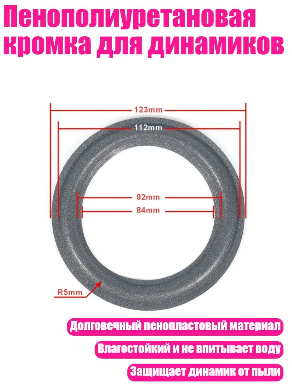 Пенополиуретановая кромка для динамиков, Черный - 5 дюймов