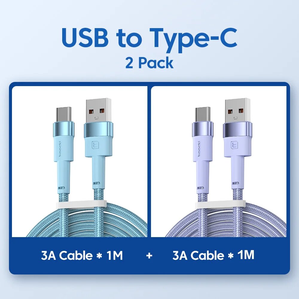 Кабель USB C Toocki, 2 Шт, 3A, Плетеный, Type-C, Для Xiaomi 12T Pro, Realme, Redmi Note 12 Pro, Poco F3