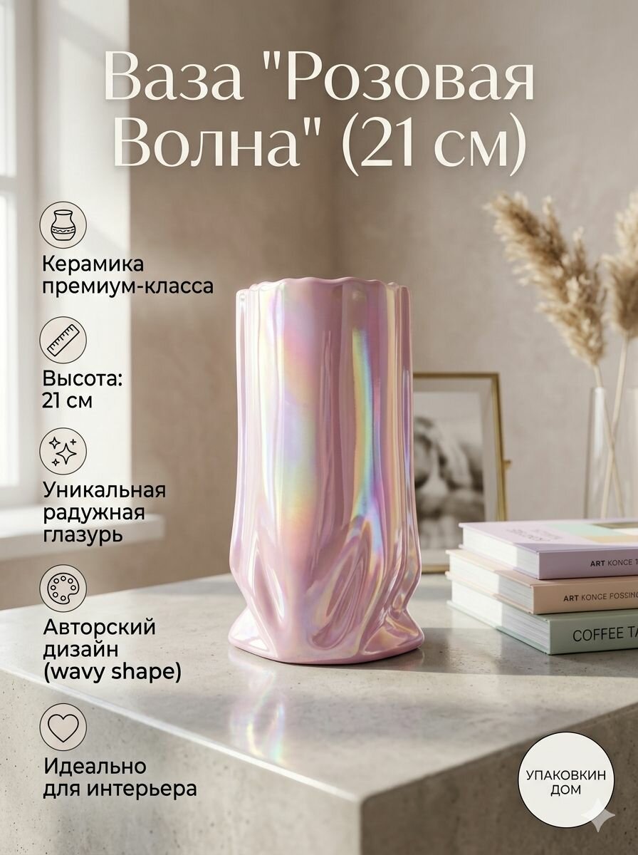Ваза розовая Волна, керамика 21х11,5х7,5см, Перламутр розовый