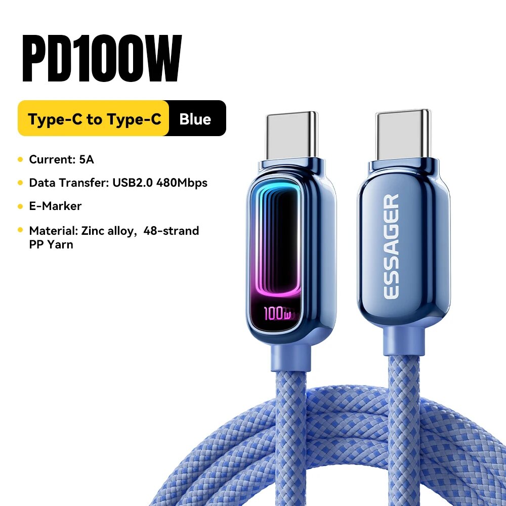 Кабель Essager USB-C - USB-C, 240 Вт, Быстрая Зарядка, Совместимость С PD3.1, Для 2m, Blue 100W