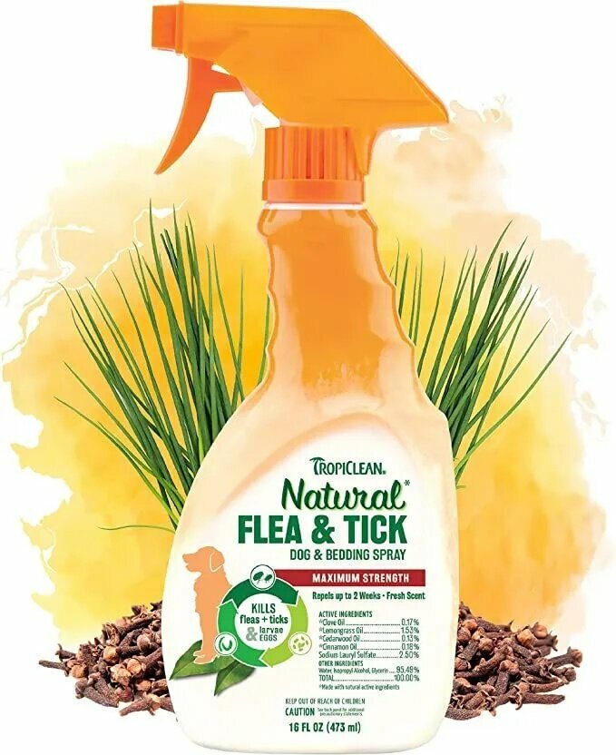 TropiClean Natural Flea and Tick Dog and Bedding Spray, для прямого нанесения на собак, подстилки и питомники - Сделано в США (473ML)