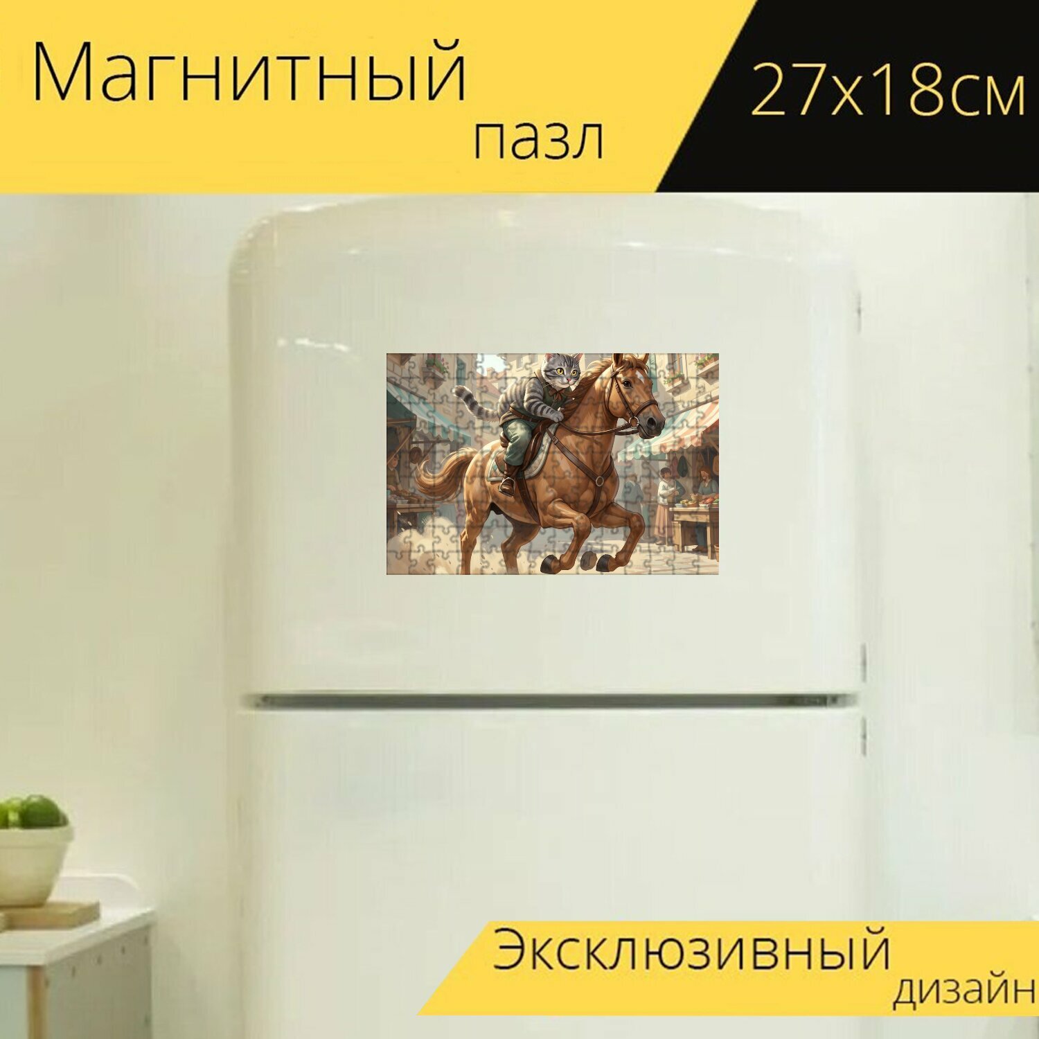 Магнитный пазл "Кошачий наездник в городе. Фэнтезийная иллюстрация в теплых пастельных тонах: серый полосатый зверек мчится верхом на гнедом скакуне по." на холодильник 27 x 18 см.