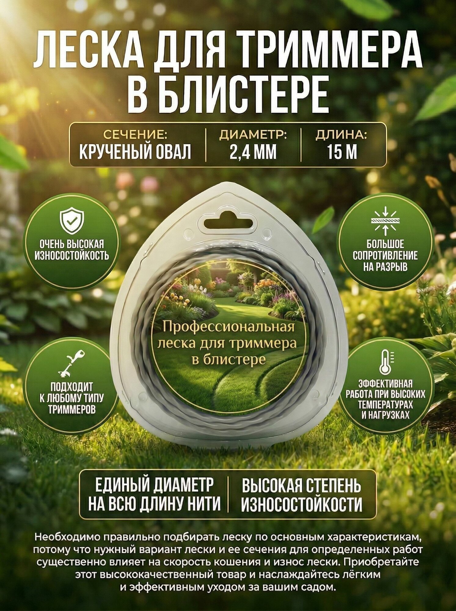 Леска для триммера в блистере, Крученый овал, диаметр 2,4, длина 15М.