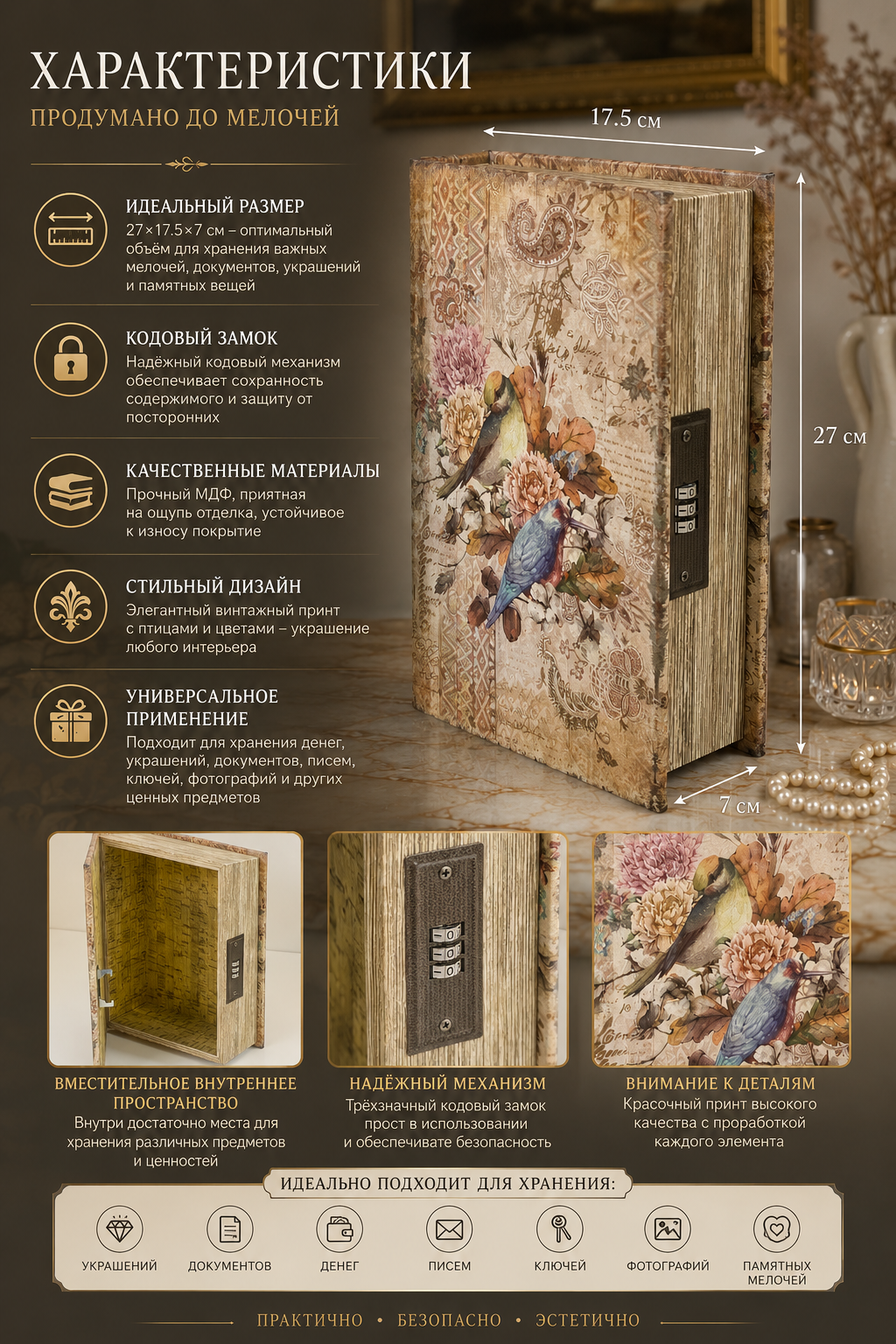 Шкатулка Книга с замком бежевый Casaentera 27х17.5х7 см CE02-785397