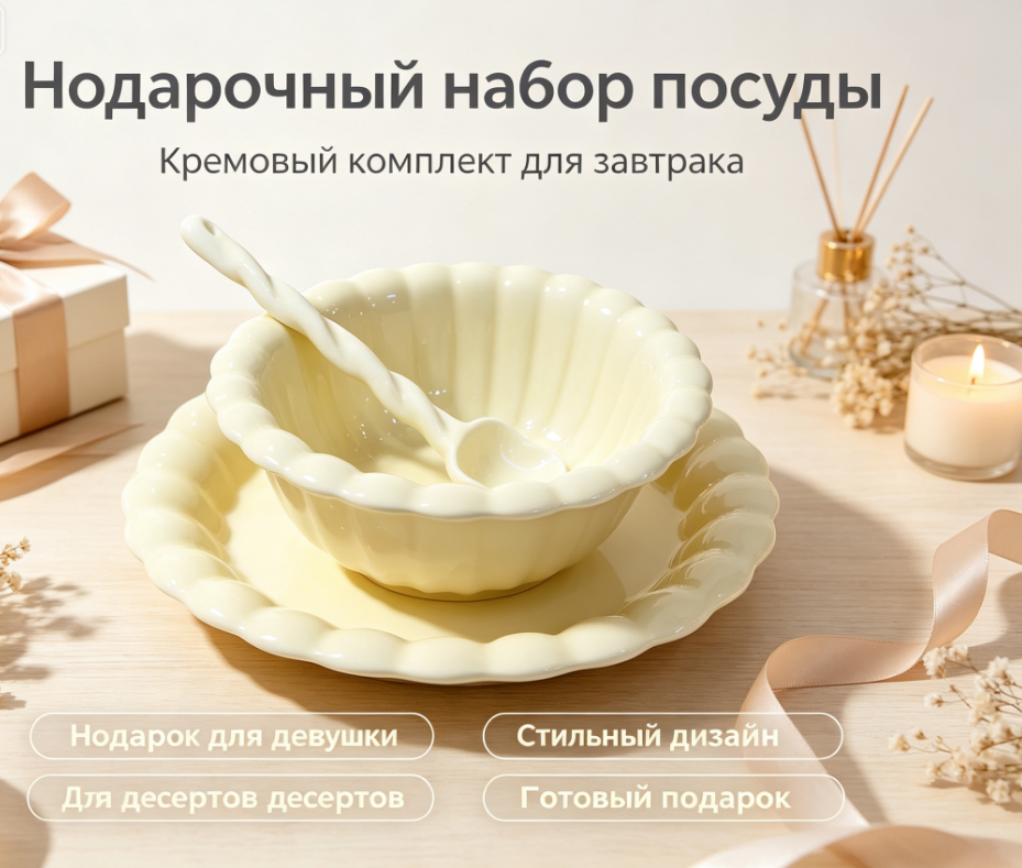 Керамический набор посуды в форме лепестков, миска, блюдце и ложка, пастельные оттенки