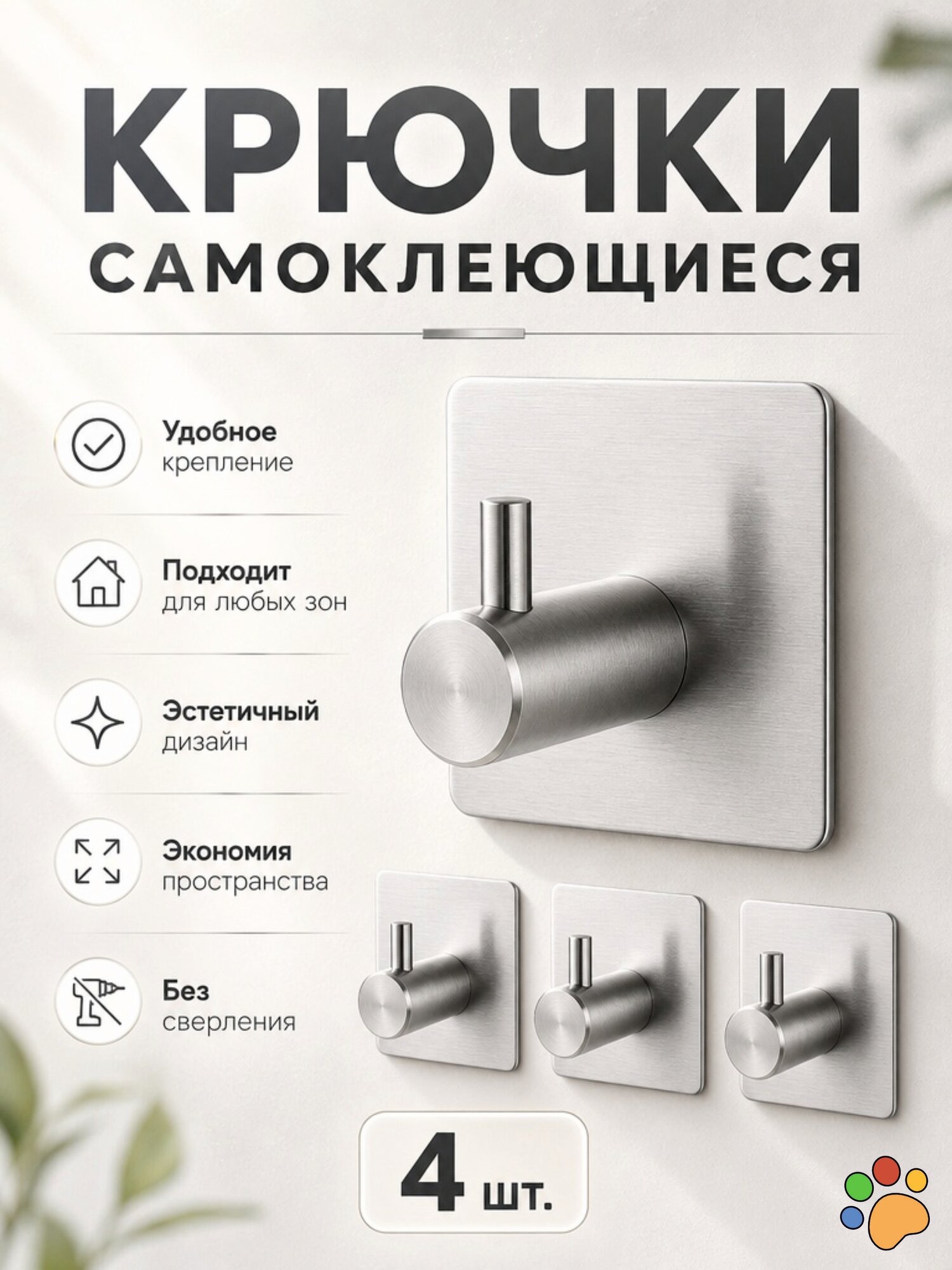 Крючки самоклеющиеся усиленные для ванной и кухни, полотенец, одежды 4 шт. Серебристые