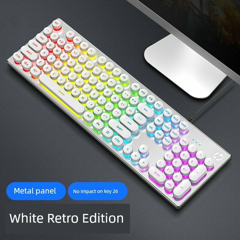 HP K500 Игровая Проводная Мембранная Клавиатура для Ноутбука - Белая Цветная Подсветка Круглые Клавиши, Тактильные