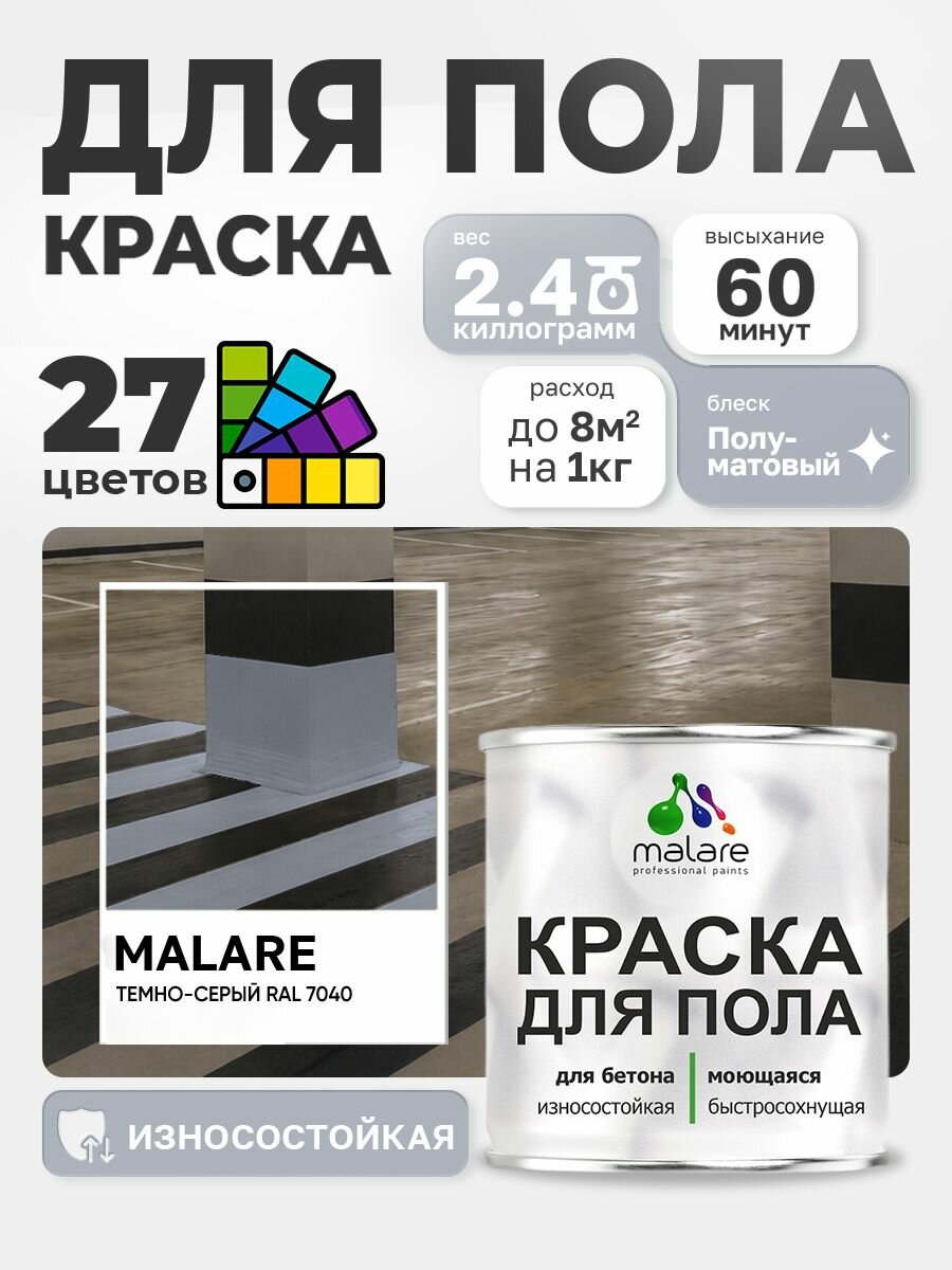 Краска Malare для бетонного пола, краска по металлу, износостойкая, полуматовая, темно-серая, 2,4 кг