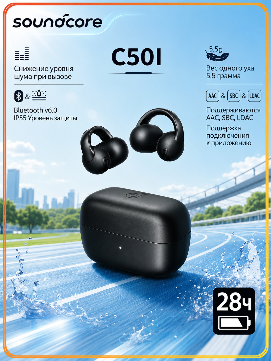 Soundcore наушники-вкладыши C50i Bluetooth открытые клипон с AIмикрофоном, длительное время работы, легкие и удобные