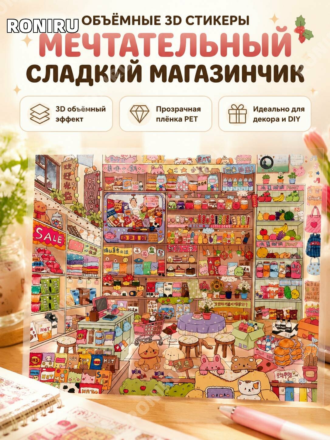 Наклейки PET для ежедневника,3D микросцены «Магазин сладостей»,21 х28 см