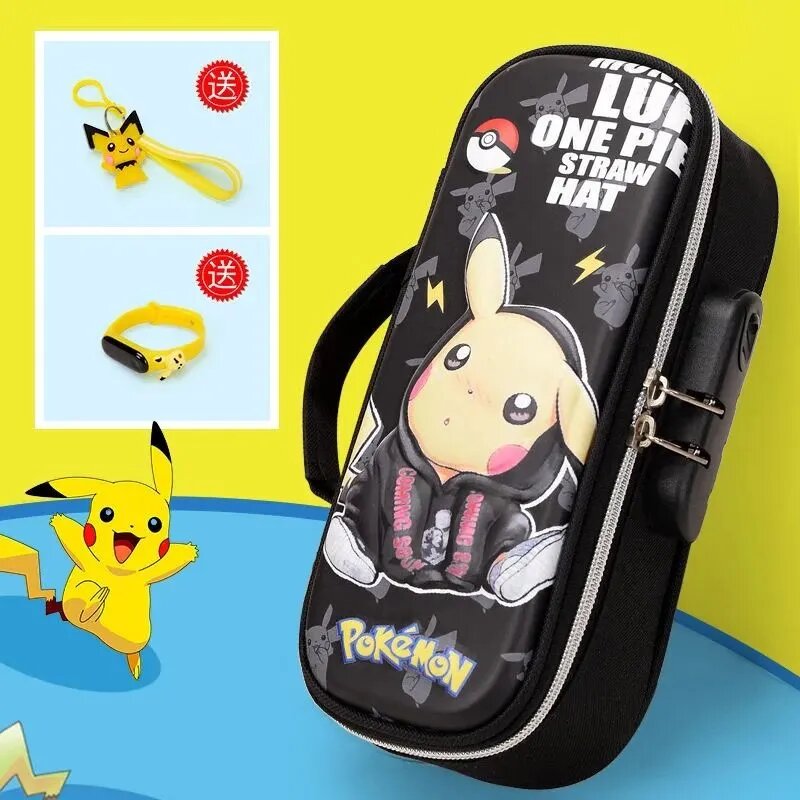 Пенал Pokemon Pikachu - 4-х секционный, водонепроницаемый, для школы (с брелоком и часами в подарок) для мальчиков и девочек