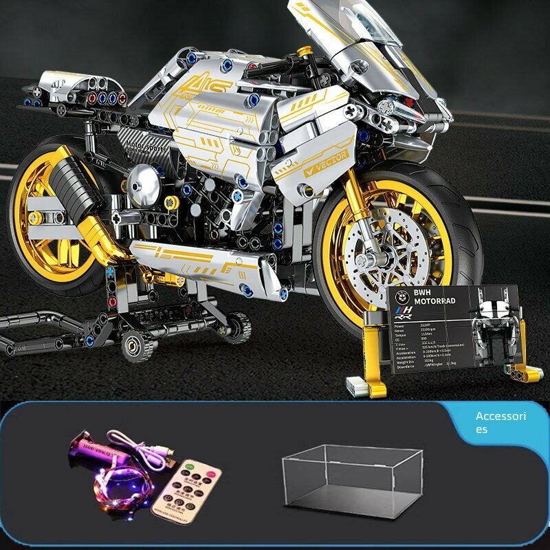Платиновая версия мотоцикла BMW M1000RR, набор 666 деталей с подставкой, табличкой, светом и витриной