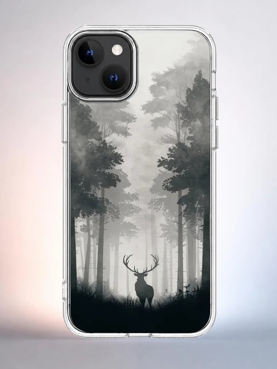 Чехол iPhone 13 олень в сосновом лесу силиконовый прозрачный