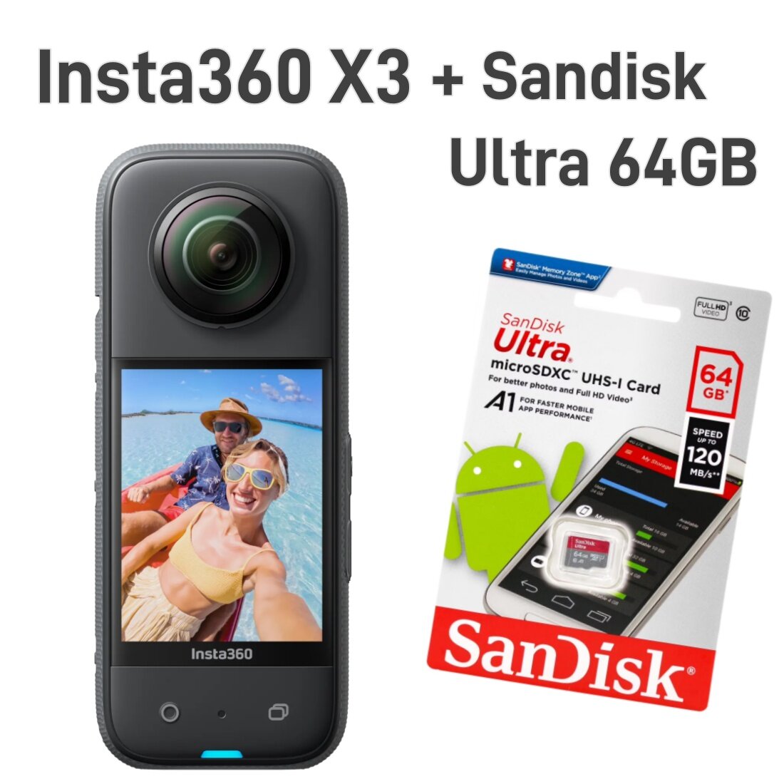 Экшн камера Insta360 X3 5.7K 360°, стабилизация FlowState, водонепроницаемая + карта памяти SanDisk Ultra 64GB