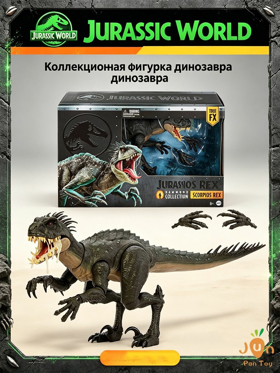 Jurassic World Hammond Collection Scorpios Rex / Детская игрушка-скульптура, многосуставной подвижный тираннозавр рекс, со сменными аксессуарами, подходит в качестве коллекционного подарка