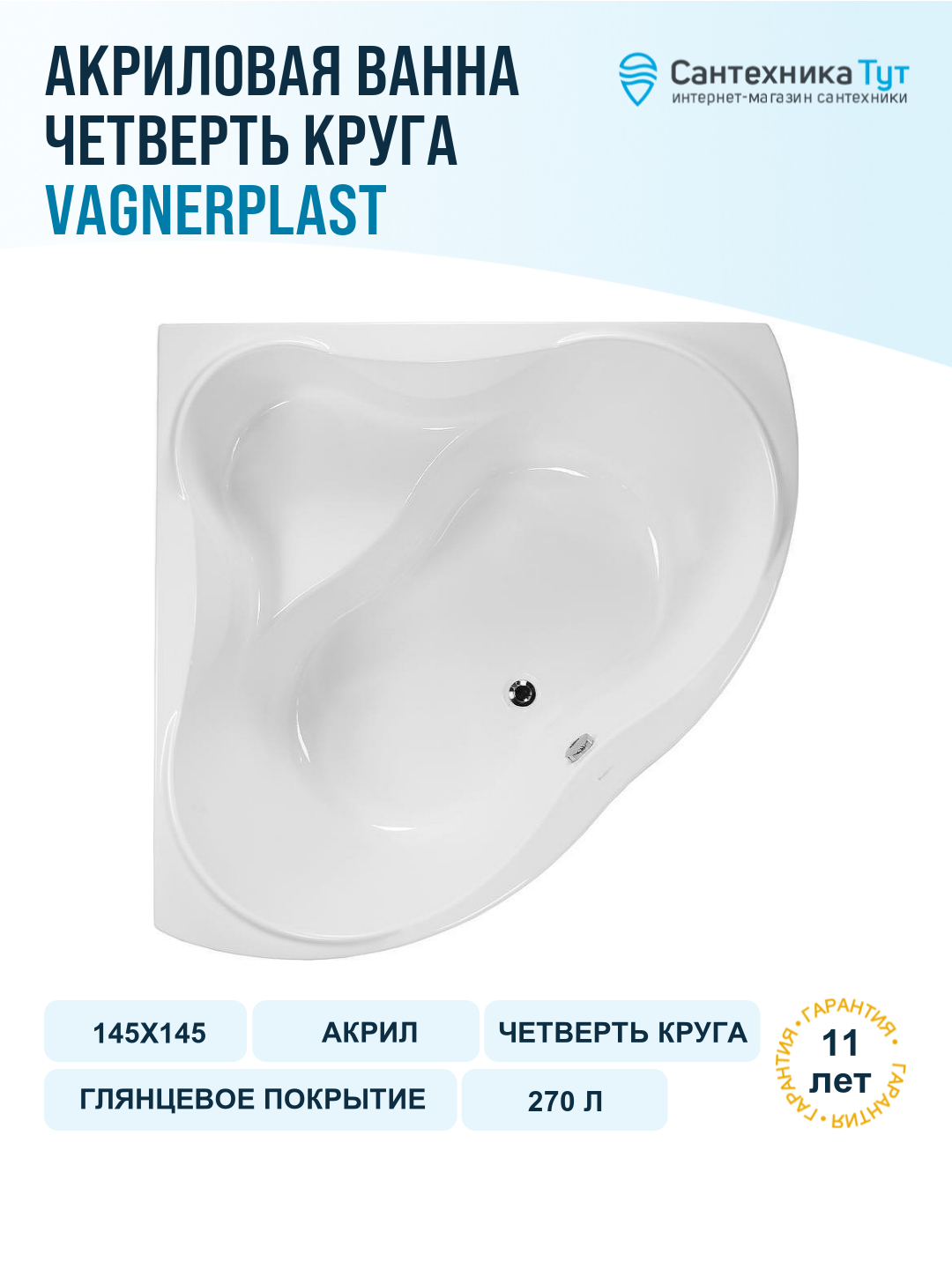 Акриловая ванна Vagnerplast Iris 143x143 без гидромассажа