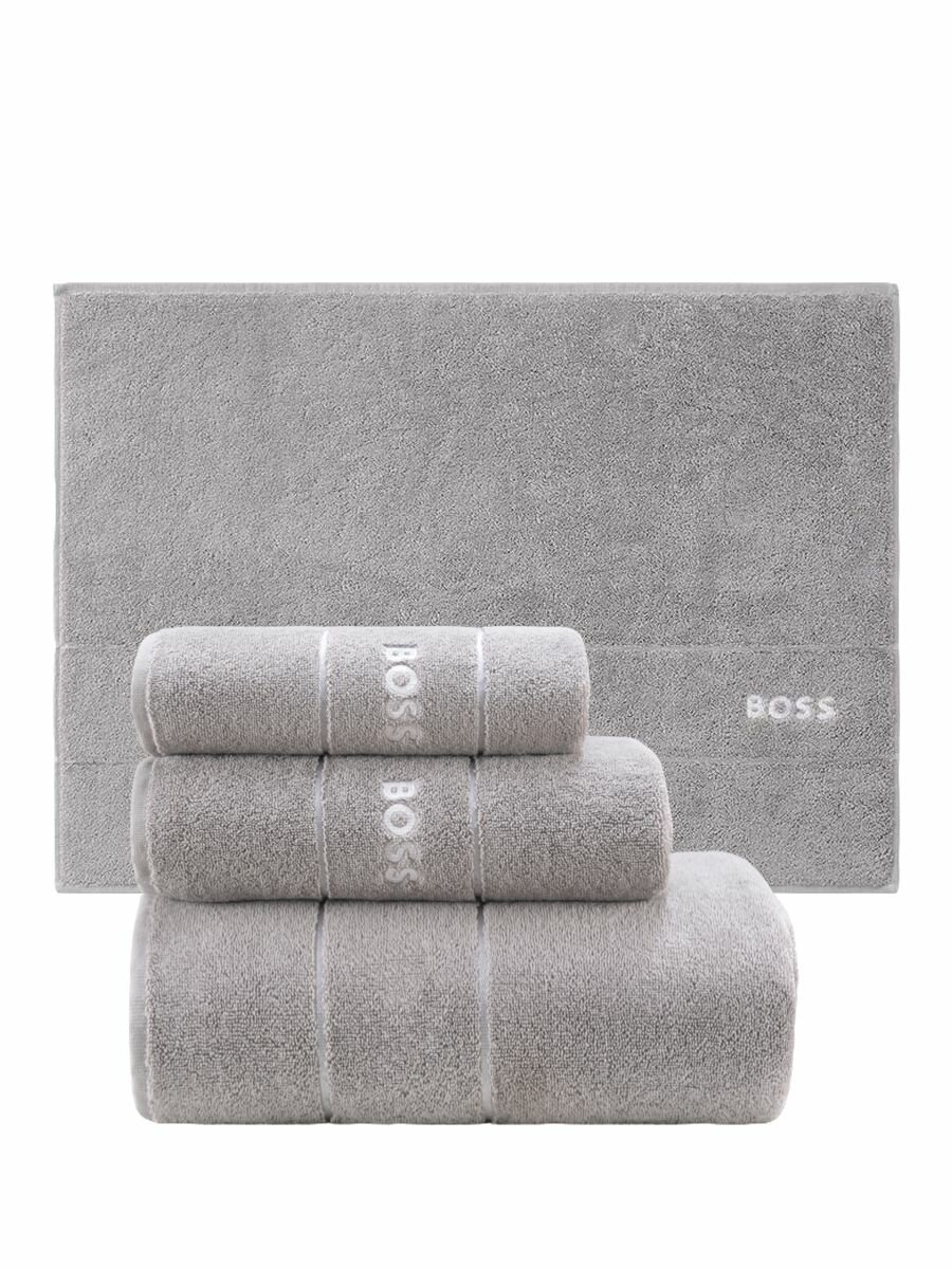 Набор из 3 полотенец 600 г/м2 и 1 коврика 900 г/м2 Boss Plain: 1 - банное 100х150, 1 - для рук 50х100, 1 - для лица 40х60, 1 - коврик 50х70, 100% хлопок, Вышивка Boss, OЕKOTEX 100, Светло серый