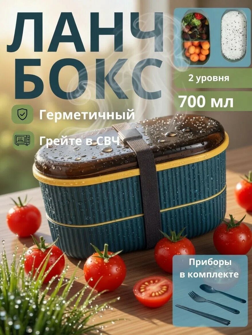 Ланч бокс для еды двухуровневый с приборами 700мл; Контейнер для еды с разделителем; Ланч бокс в школу и на работу