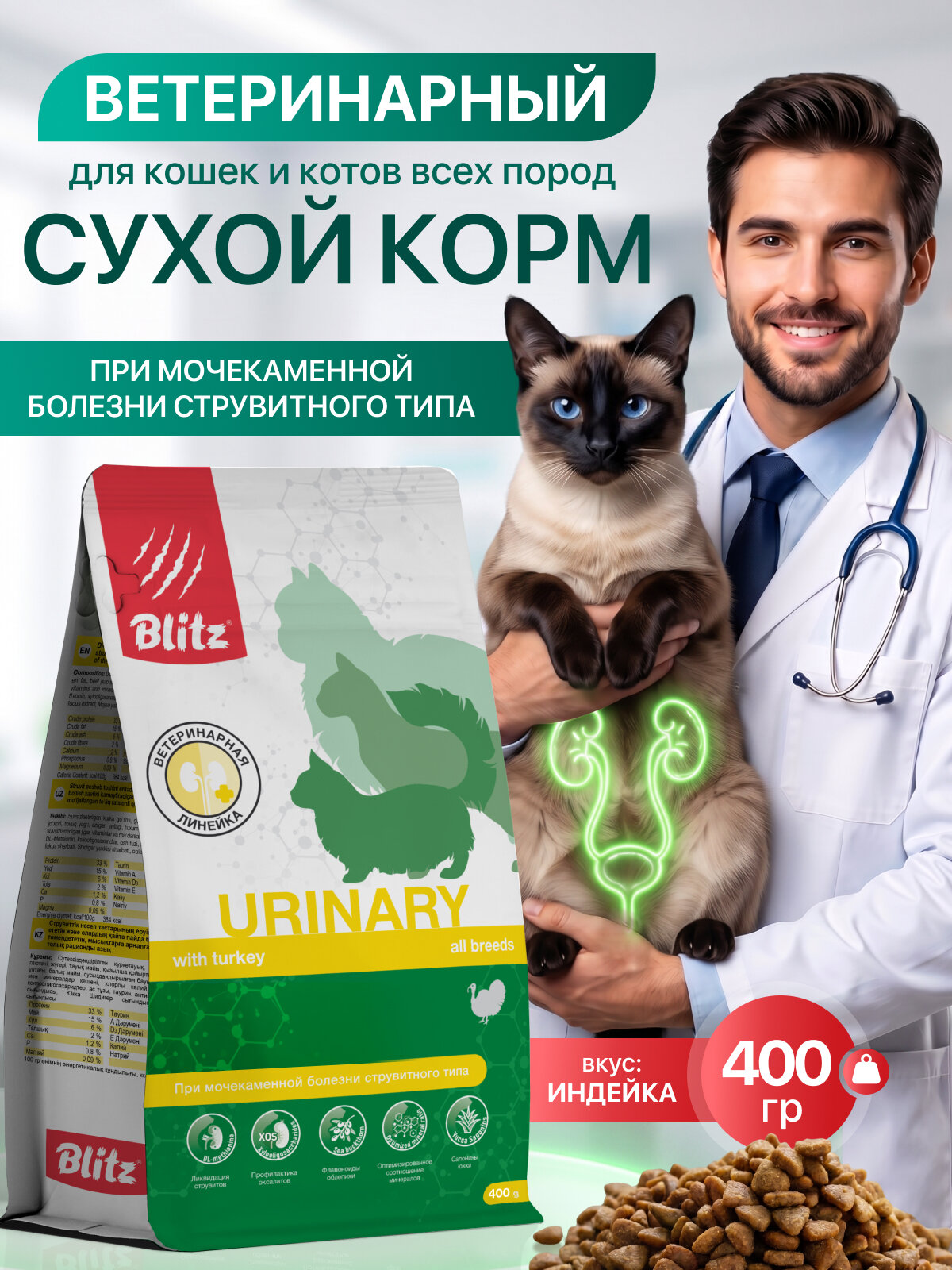 Сухой корм Blitz Urinary Cat, для кошек всех пород, для профилактики МКБ, с индейкой, 0.4 кг