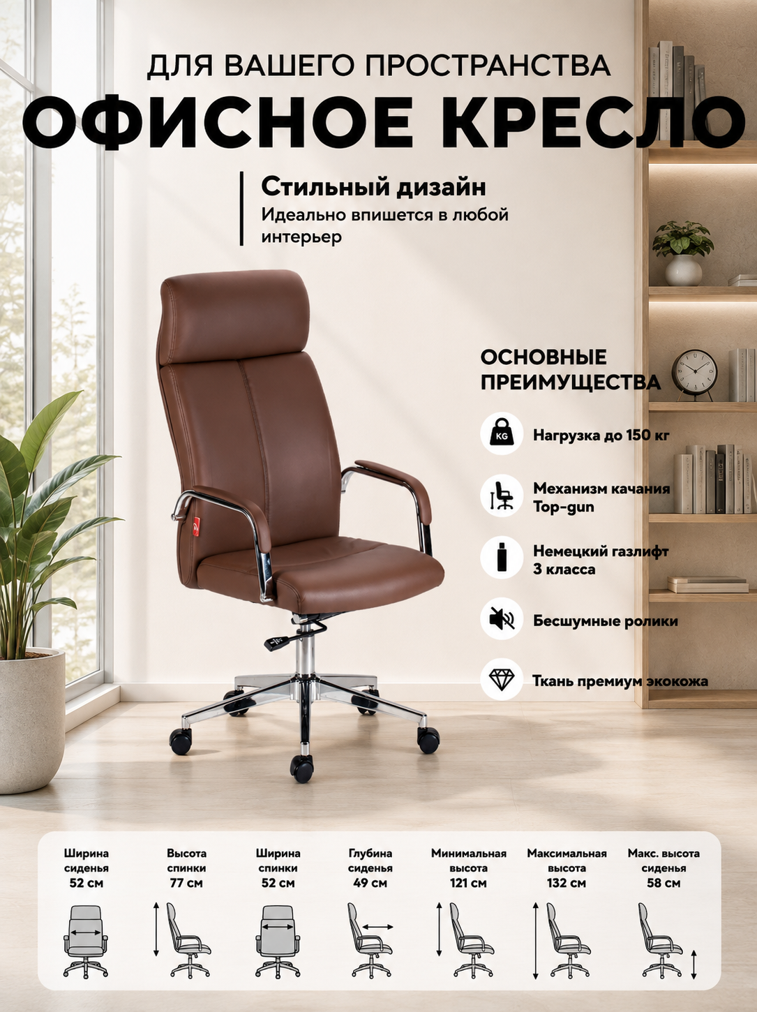 Кресло компьютерное офисное руководителя Vista коричневый экокожа