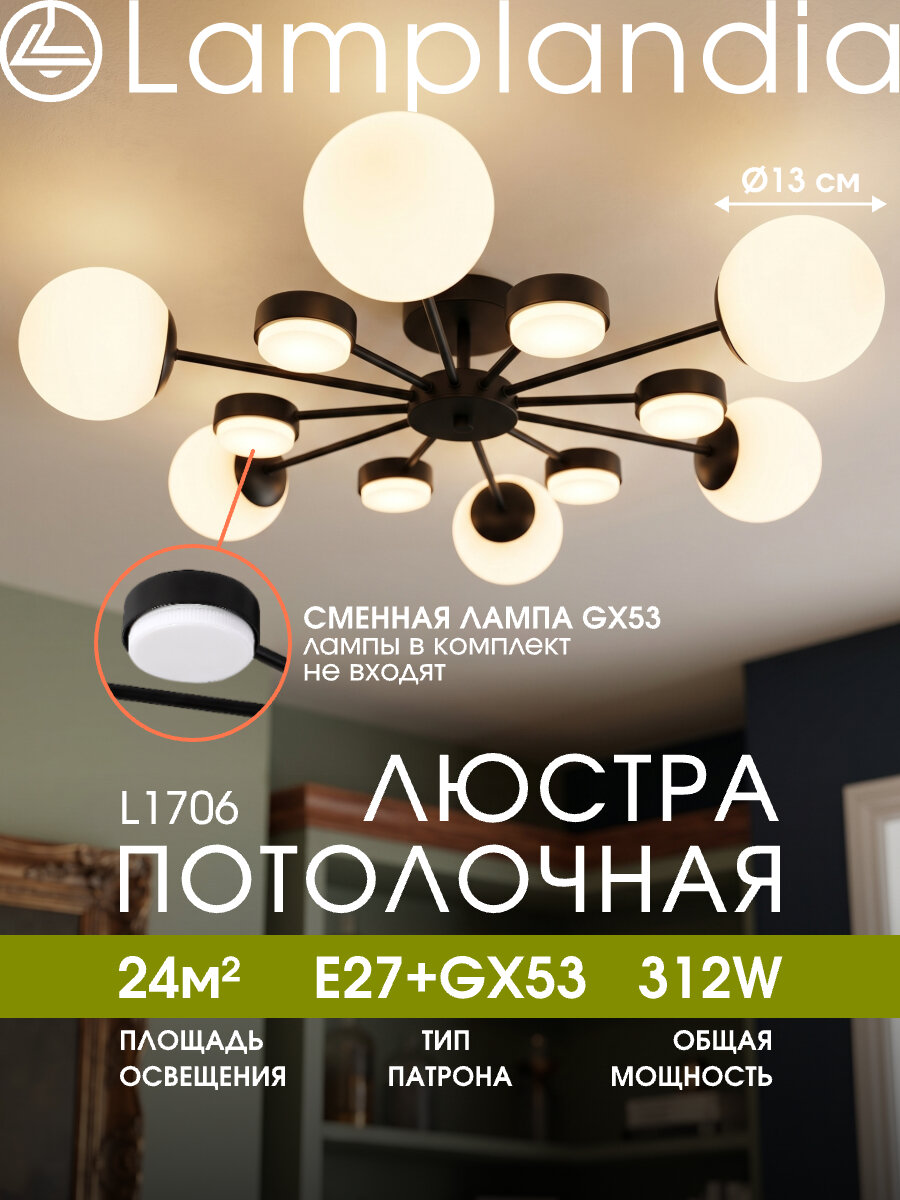 Люстра потолочная Lamplandia L1706 BLOB BLACK, E27*6 макс 40Вт + GX53*6 макс 12Вт