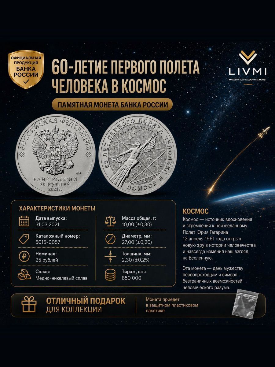 Монета 25 рублей 2021 60-летие первого полета человека в космос Банк России Памятная коллекционная монета