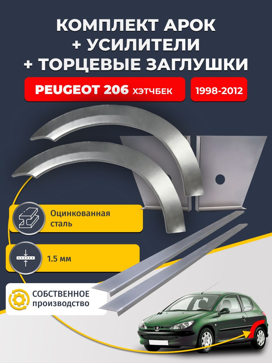 Комплект ремонтных задних арок (0,8 мм) + торцевые заглушки (1,5 мм) + усилители (1,5 мм) на Peugeot 206 1998-2012 Хэтчбек 3 двери (Пежо 206). Оцинкованная сталь