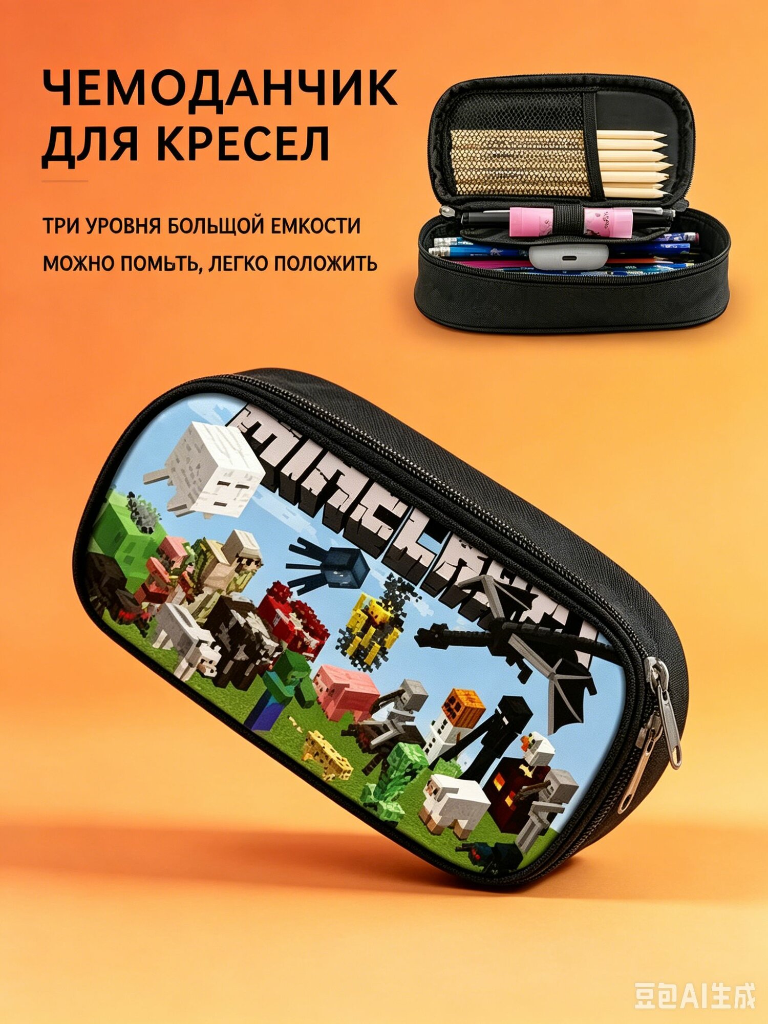 Пенал школьный для мальчиков и подростков с героями Minecraft (Майнкрафт) на молнии с отделением для карандашей, ручек и канцелярии мягкий.