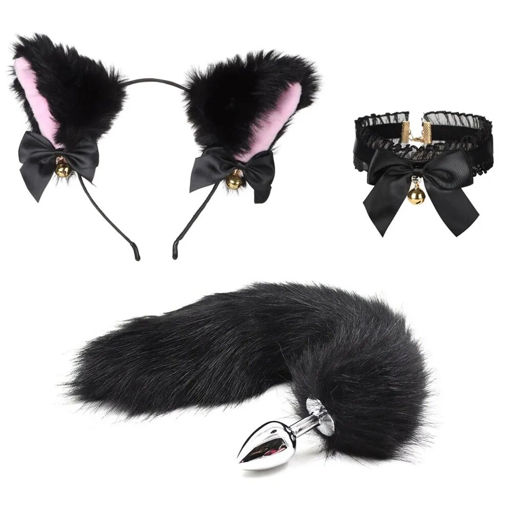 Ручная работа: ушки для головы + ожерелье с колокольчиком + хвост для тематических вечеринок, Черная тройка se