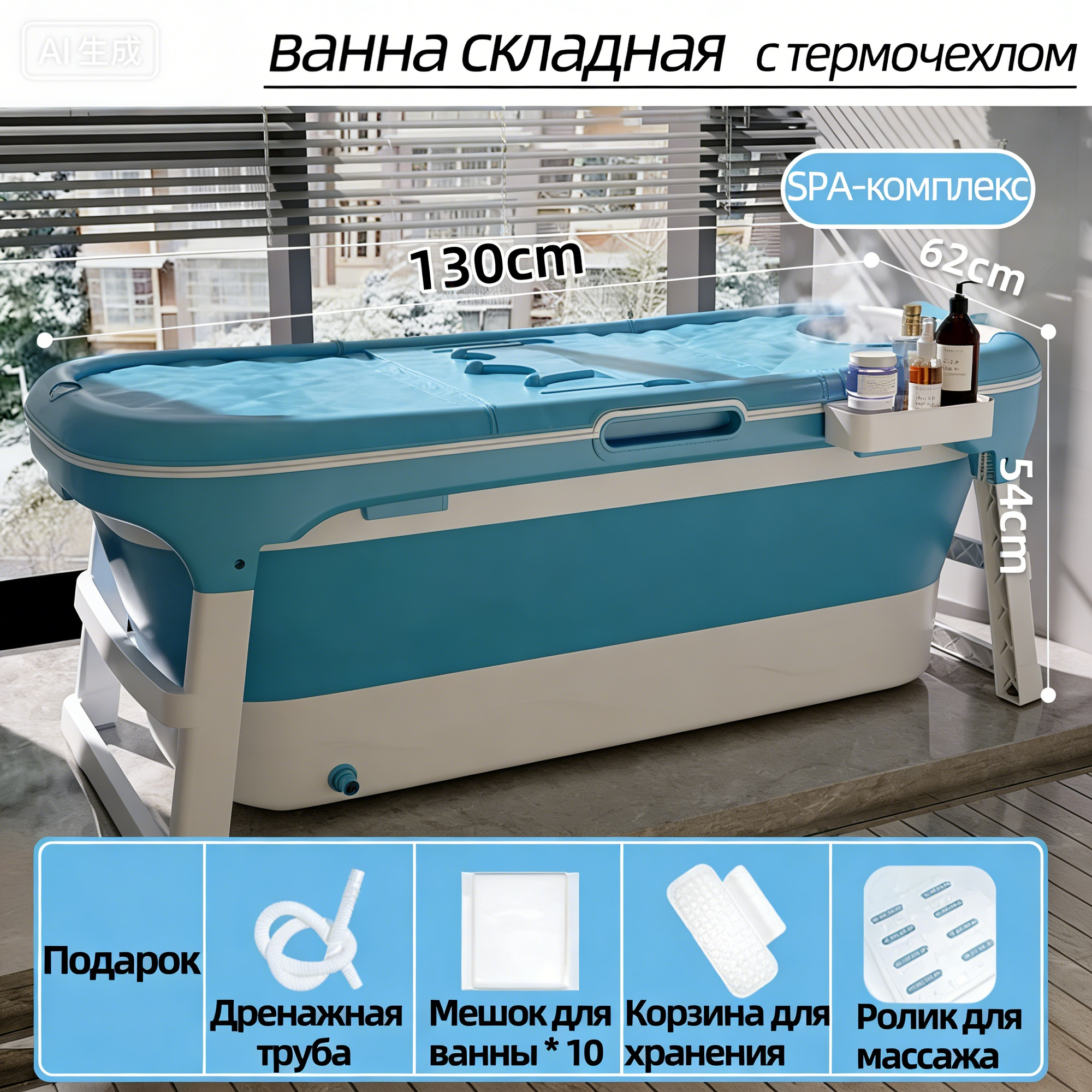 Складная ванна 130 см голубая с термочехлом, SPA-комплекс с подарком для дома