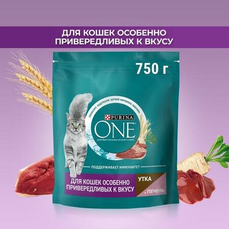 Purina ONE 2 шт по 750 г сухой корм для кошек особенно привередливых к вкусу с высоким содержанием утки и c печенью