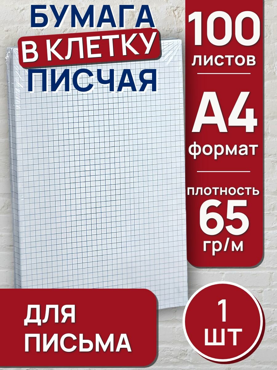 Бумага писчая А4 в клетку 65 г/м2, 100 листов, офсетная для записей и принтера