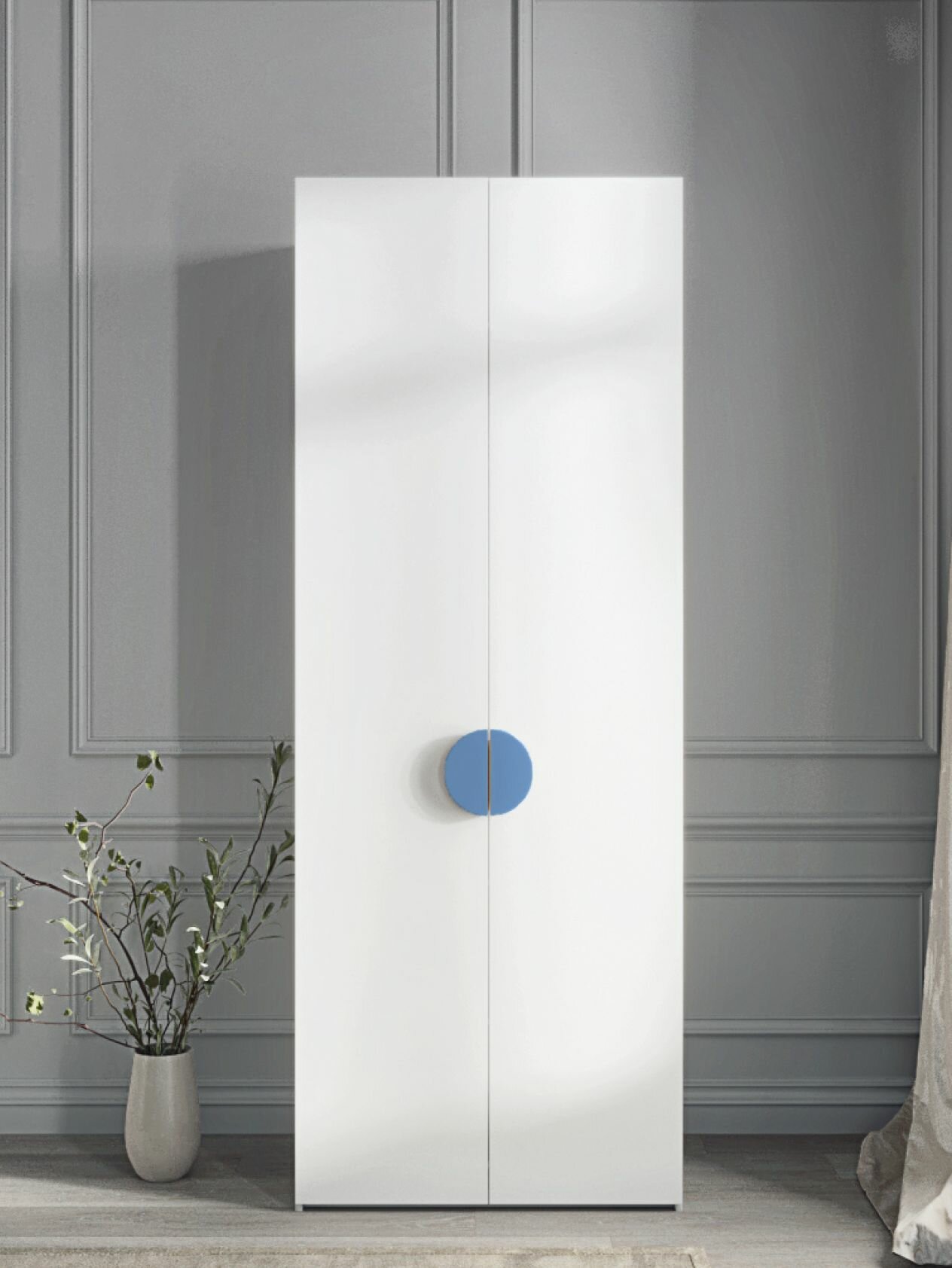 Casa Mia 80x50x240 см. шкаф в детскую комнату распашной с ящиками и полками, 2-дверный, белый, ручка круглая МДФ Голубая