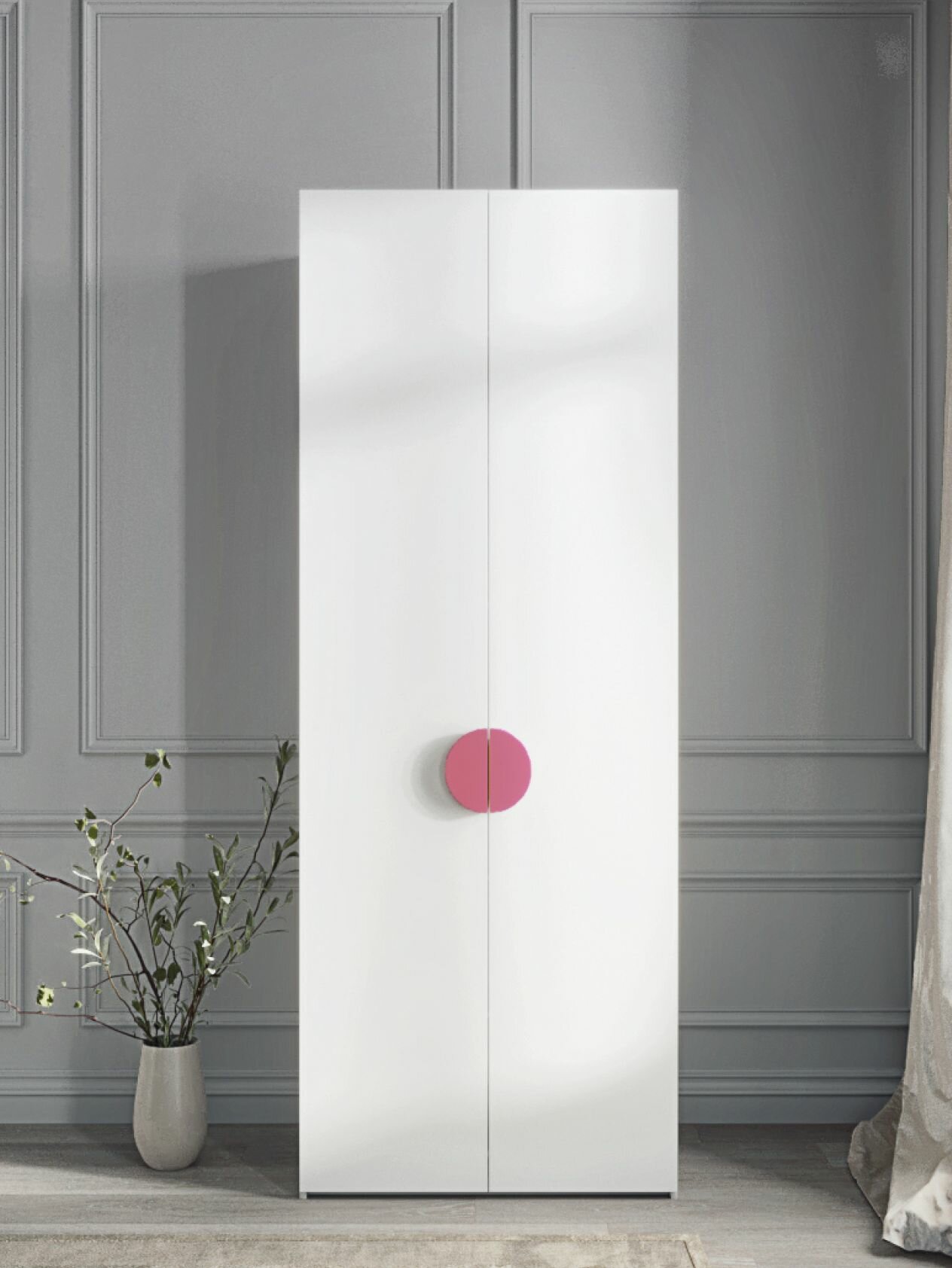 Casa Mia 70x50x230 см. шкаф в детскую комнату распашной с ящиками и полками, 2-дверный, белый, ручка круглая МДФ Розовая