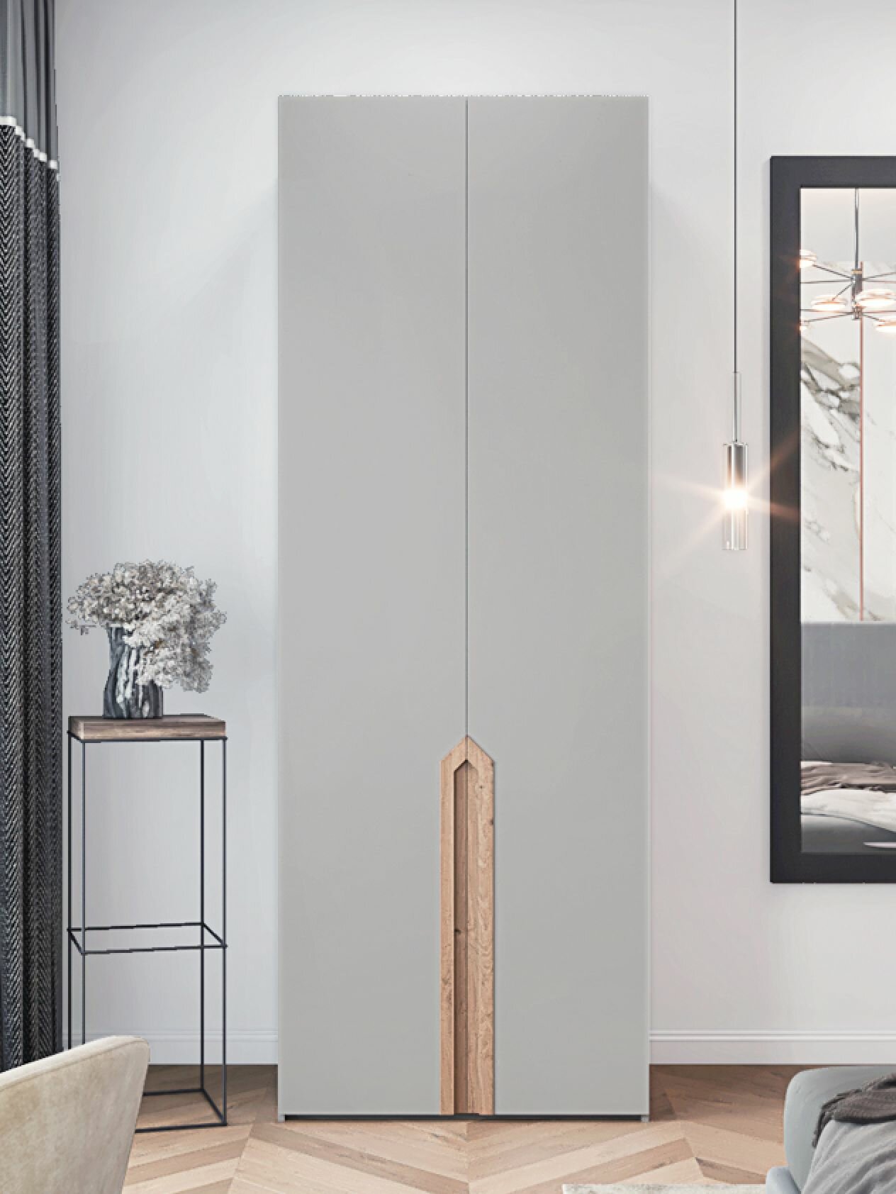 Casa Mia 100х50х260см. Дизайнерский шкаф для одежды распашной, 2-дверный, серый эксклюзивная ручка из массива дуба (лак)