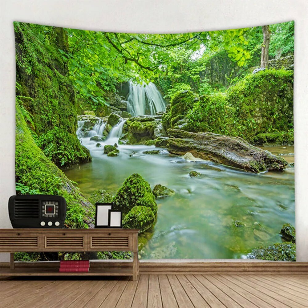 Гобелен с водопадом в джунглях, полиэстер 300x200cm, Красное вино