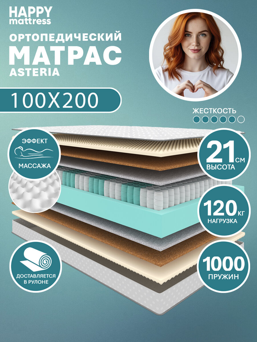 Матрас HAPPY MATTRESS ASTERIA ортопедический, пружинный, на кровать и диван, высота 21 см, 100х200 см