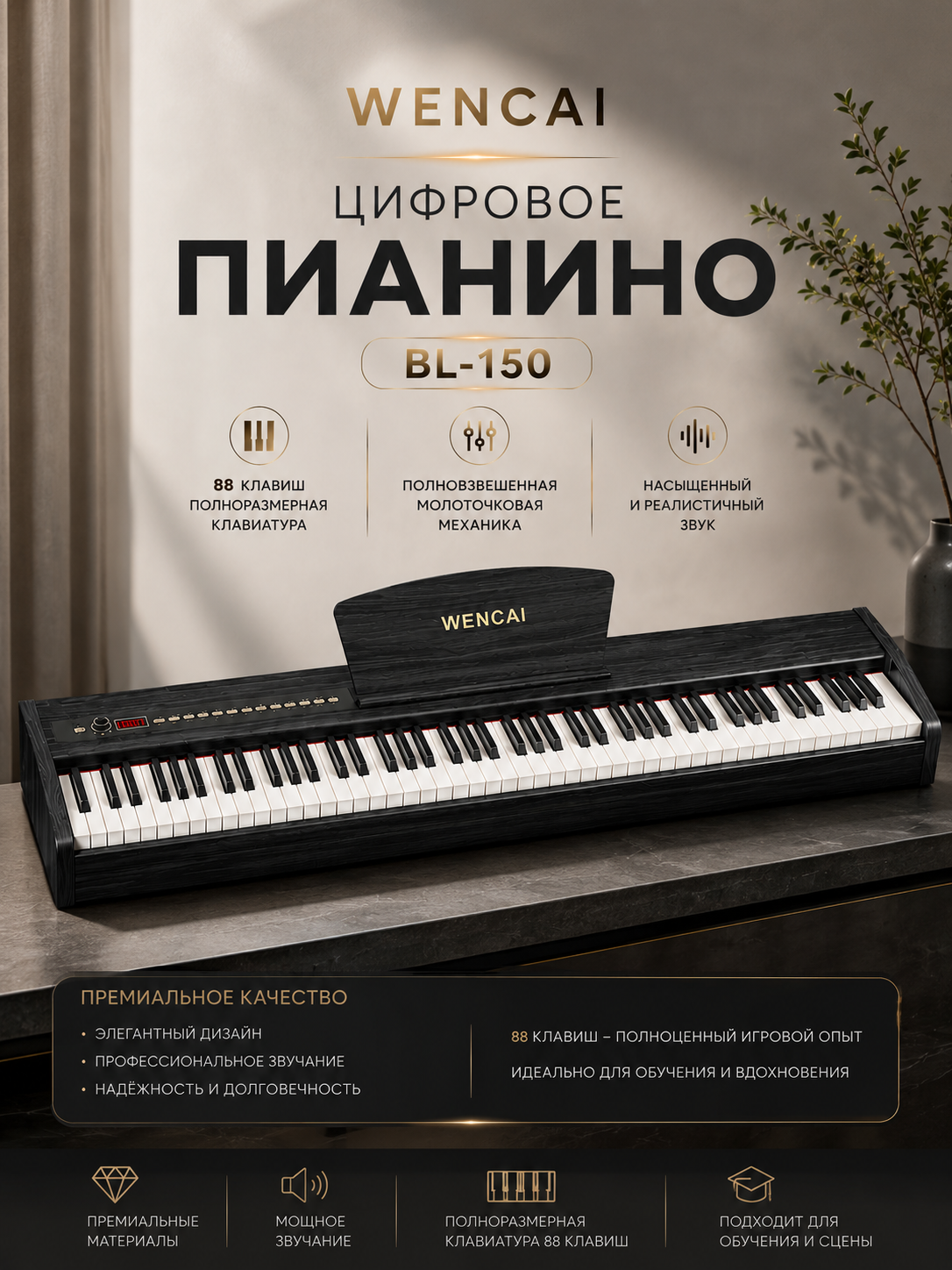 WENCAI Цифровое пианино с Bluetooth MIDI и аудио: 88 взвешенных клавиш для дома и улицы