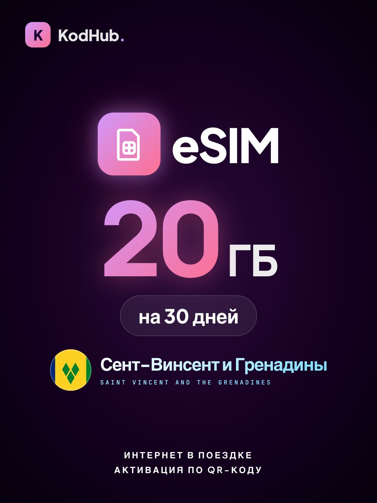Туристическая eSIM Сент-Винсент и Гренадины 20 ГБ на 30 дней | интернет в поездке, связь за границей | QR-код активации